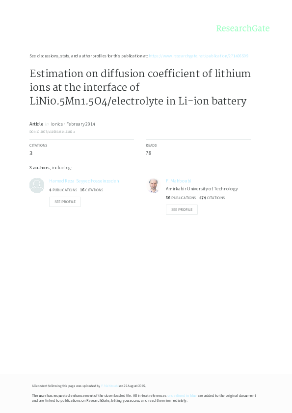 (PDF) Estimation on diffusion coefficient of lithium ions at the ...