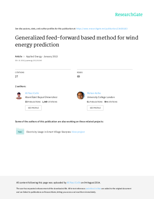 (PDF) Generalized feed-forward based method for wind energy prediction