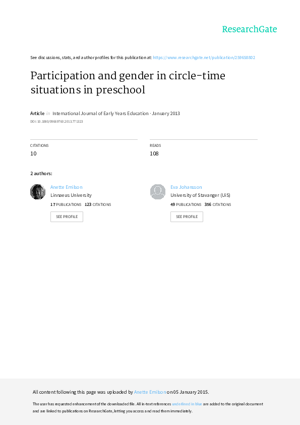 (PDF) Participation and gender in circle-time situations in preschool