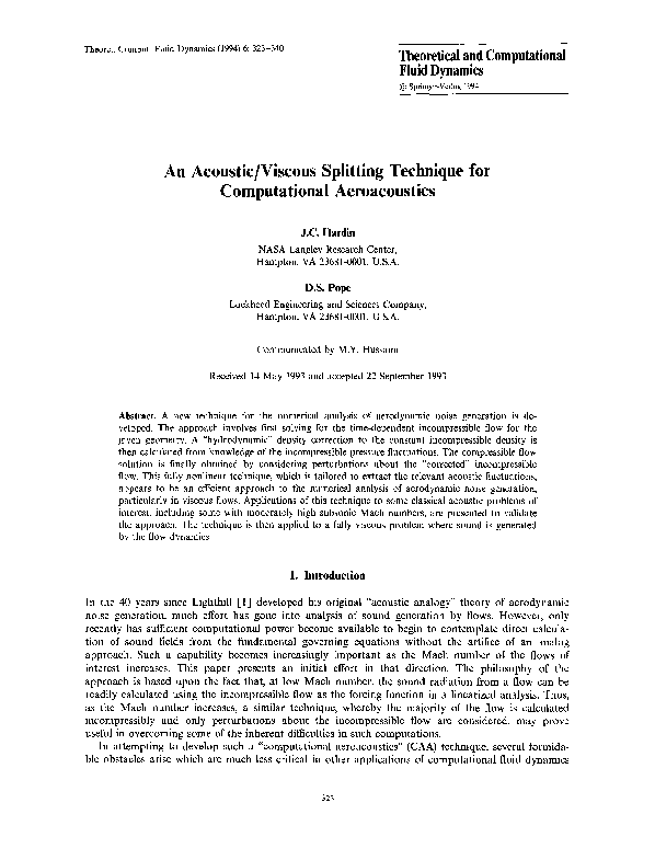 Pdf An Acoustic Viscous Splitting Technique For Computational Aeroacoustics
