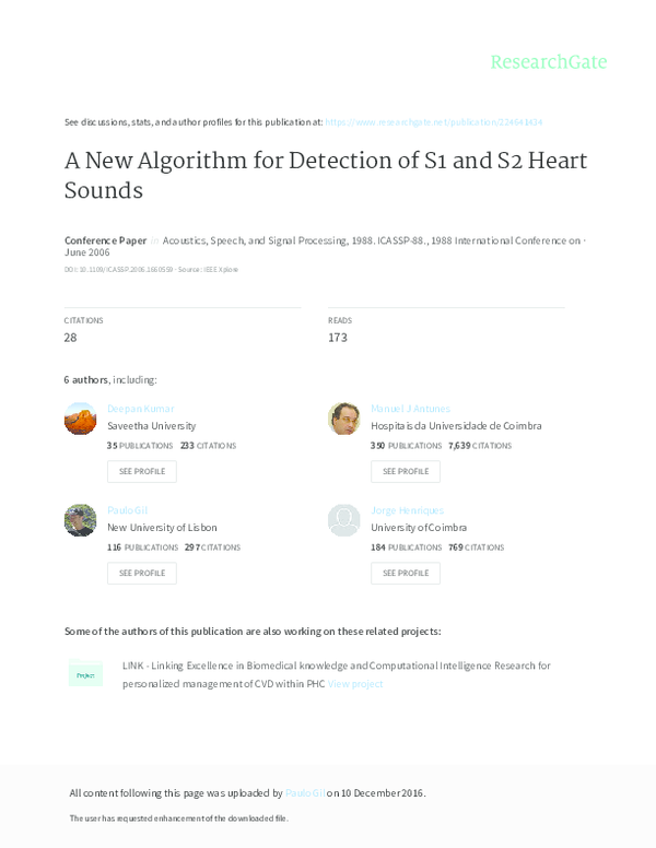 (PDF) A New Algorithm for Detection of S1 and S2 Heart Sounds