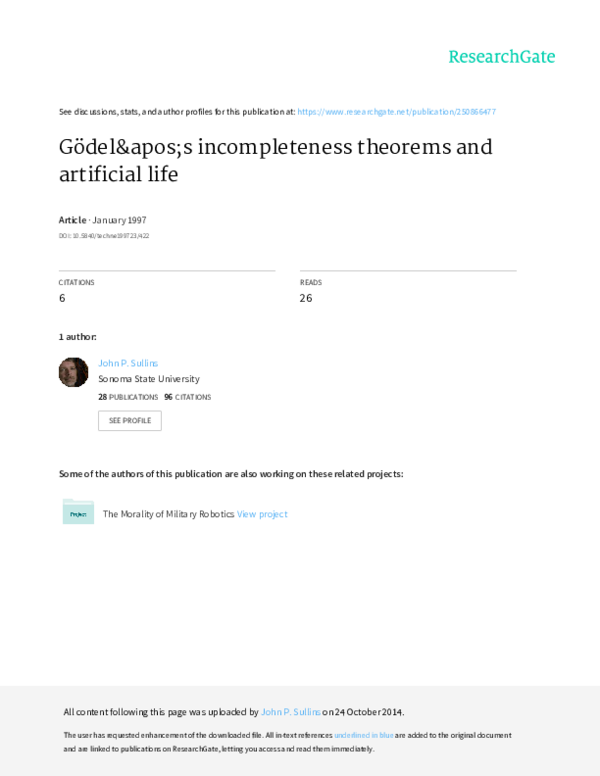 (PDF) Gödel's incompleteness theorems and artificial life