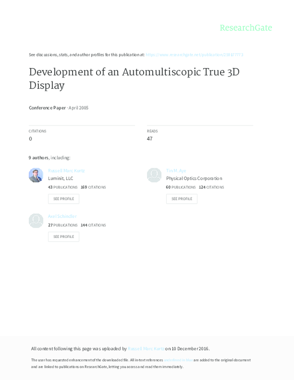 (PDF) Development of an Automultiscopic True 3D Display
