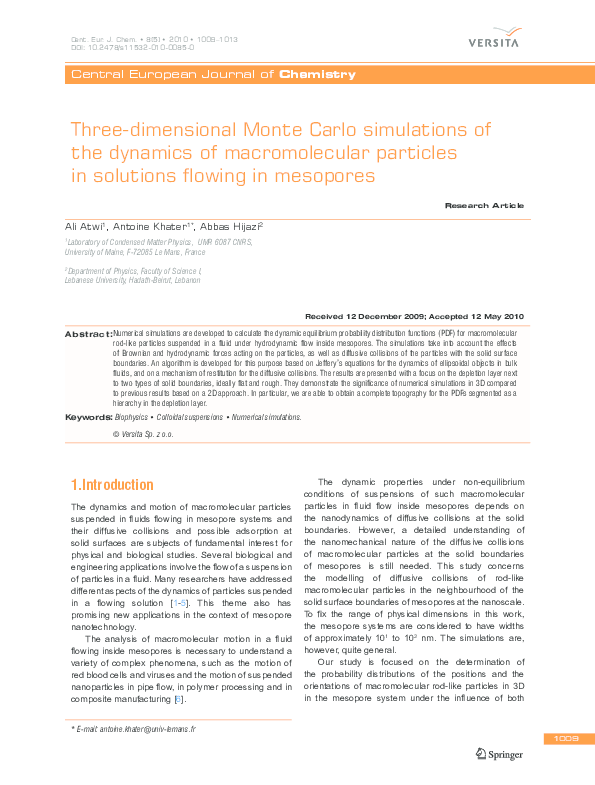 Pdf Three Dimensional Monte Carlo Simulations Of The Dynamics Of Macromolecular Particles In