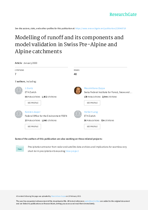 (PDF) Modelling of runoff and its components and model validation in Swiss Pre-Alpine and Alpine ...