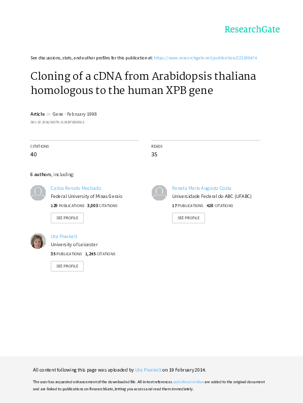 (PDF) Cloning of a cDNA from Arabidopsis thaliana homologous to the human XPB gene