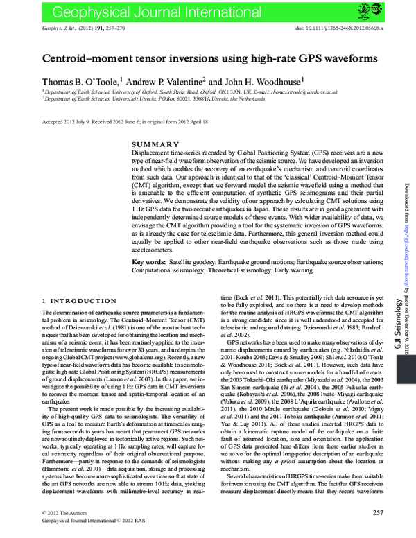 (PDF) Centroid–moment tensor inversions using high‐rate GPS waveforms