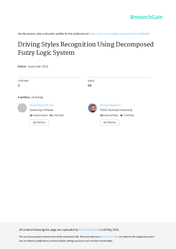 (PDF) Driving Styles Recognition Using Decomposed Fuzzy Logic System