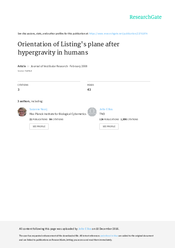 (PDF) Orientation of Listing's plane after hypergravity in humans