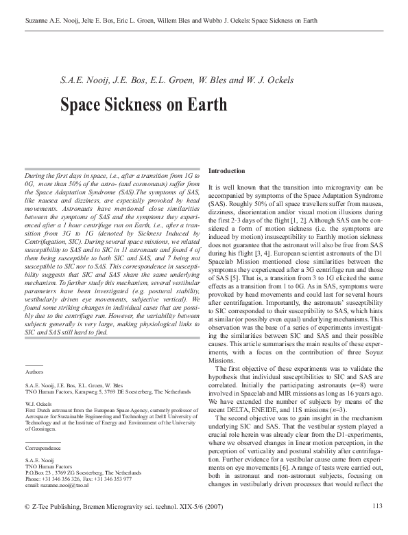 (PDF) Space sickness on earth