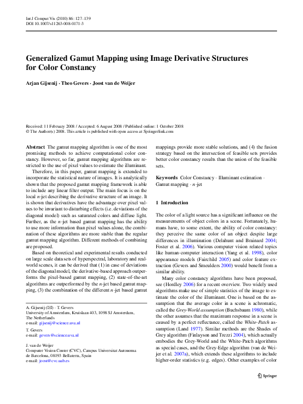Pdf Generalized Gamut Mapping Using Image Derivative Structures For