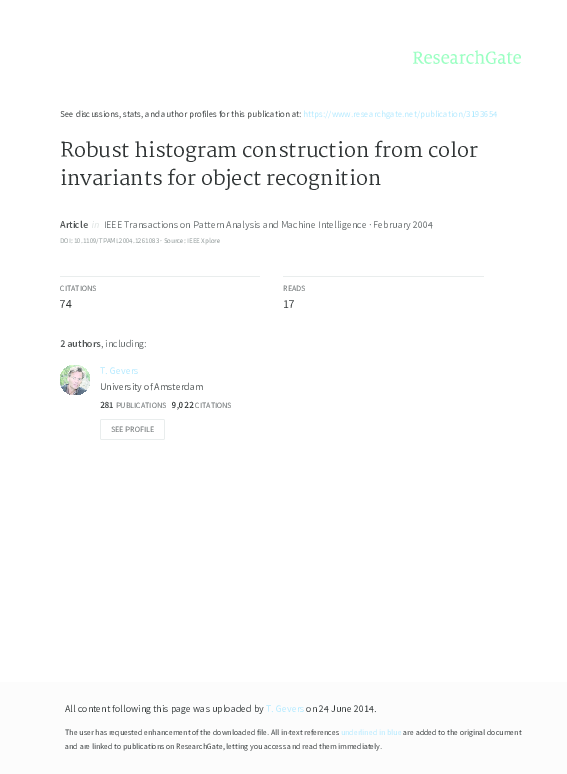 Pdf Robust Histogram Construction From Color Invariants For Object Recognition Theo Gevers
