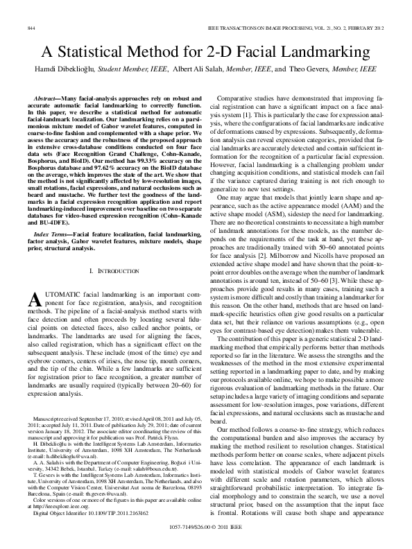 (PDF) A Statistical Method for 2D Facial Landmarking
