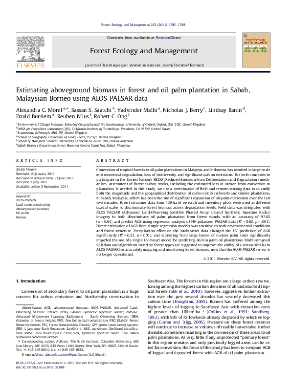 (PDF) Estimating aboveground biomass in forest and oil palm plantation in Sabah, Malaysian ...