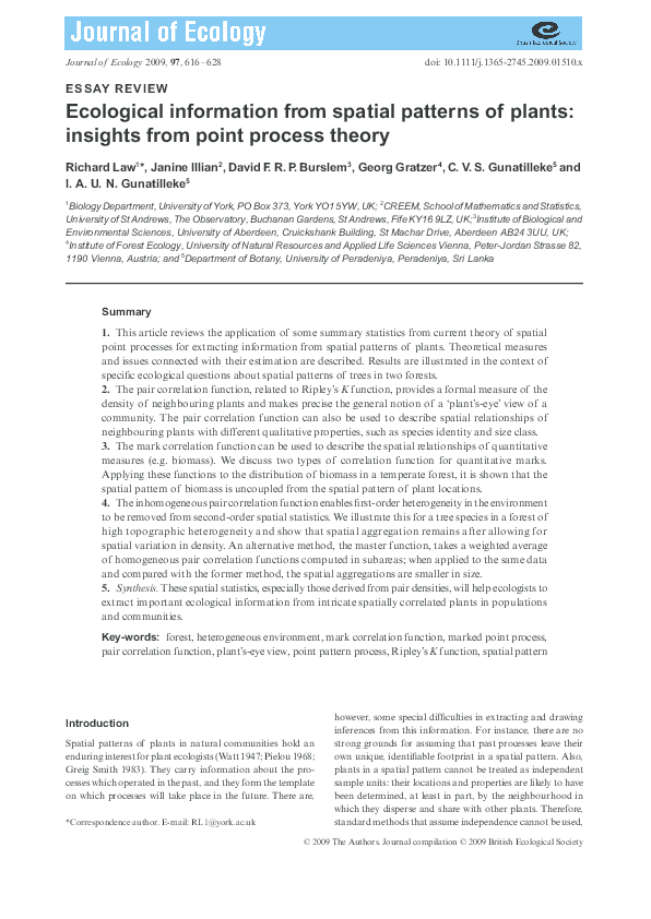 (PDF) Ecological information from spatial patterns of plants: insights from point process theory