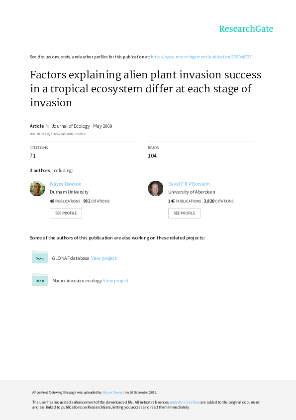 (PDF) Factors explaining alien plant invasion success in a tropical ...