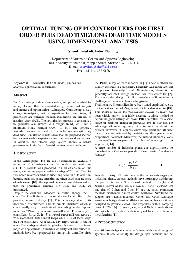 Pdf Optimal Tuning Of Pid Controllers For First Order Plus Time Delay