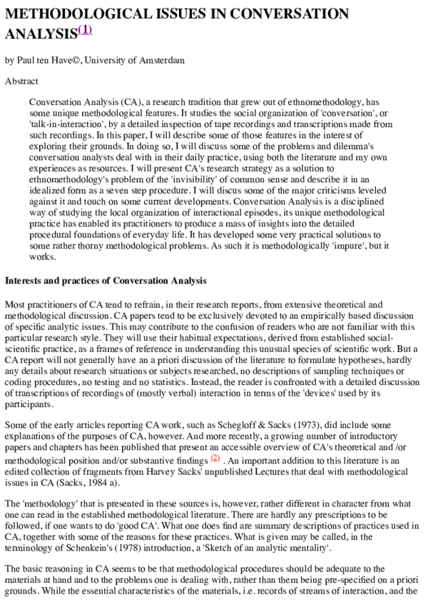 (PDF) METHODOLOGICAL ISSUES IN CONVERSATION ANALYSIS (1