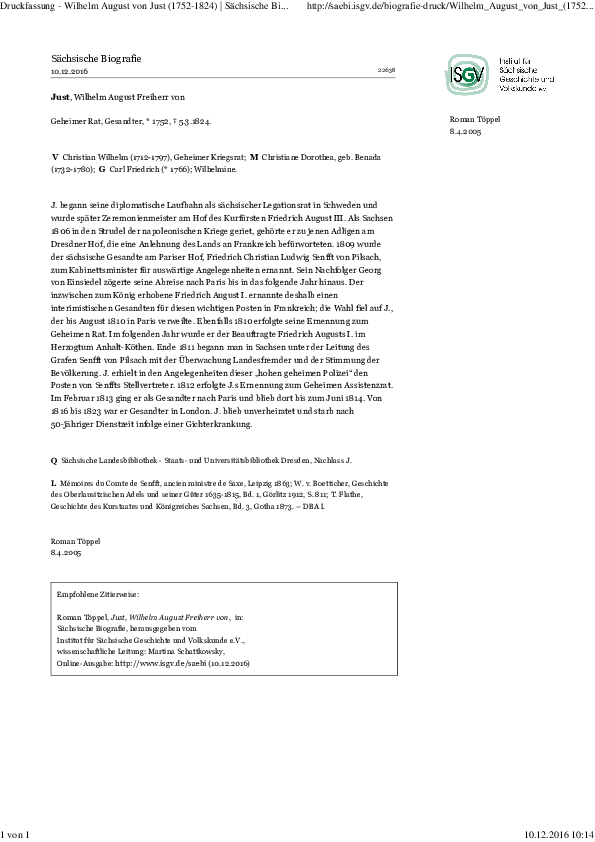 (PDF) Just, Wilhelm August Freiherr von, in: Sächsische Biografie (http ... (PDF) Just, Wilhelm August Freiherr von, in: Sächsische Biografie (http ...
