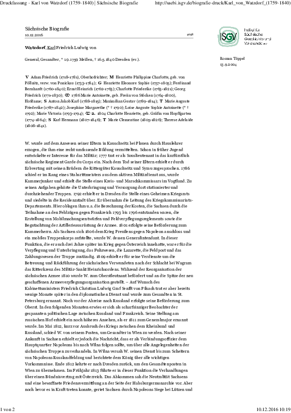(PDF) Watzdorf, Karl Friedrich Ludwig von, in: Sächsische Biografie ... (PDF) Watzdorf, Karl Friedrich Ludwig von, in: Sächsische Biografie ...