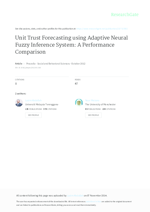 (PDF) Unit Trust Forecasting using Adaptive Neural Fuzzy Inference System: A Performance Comparison