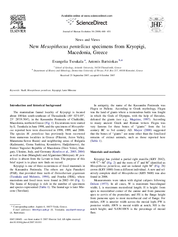 (PDF) New Mesopithecus pentelicus specimens from Kryopigi, Macedonia ...