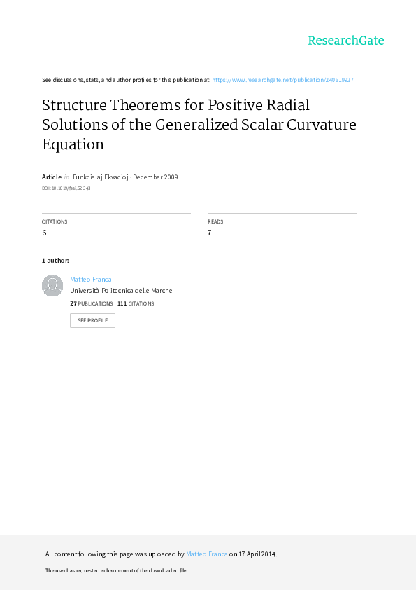 (PDF) Structure Theorems for Positive Radial Solutions of the Generalized Scalar Curvature Equation