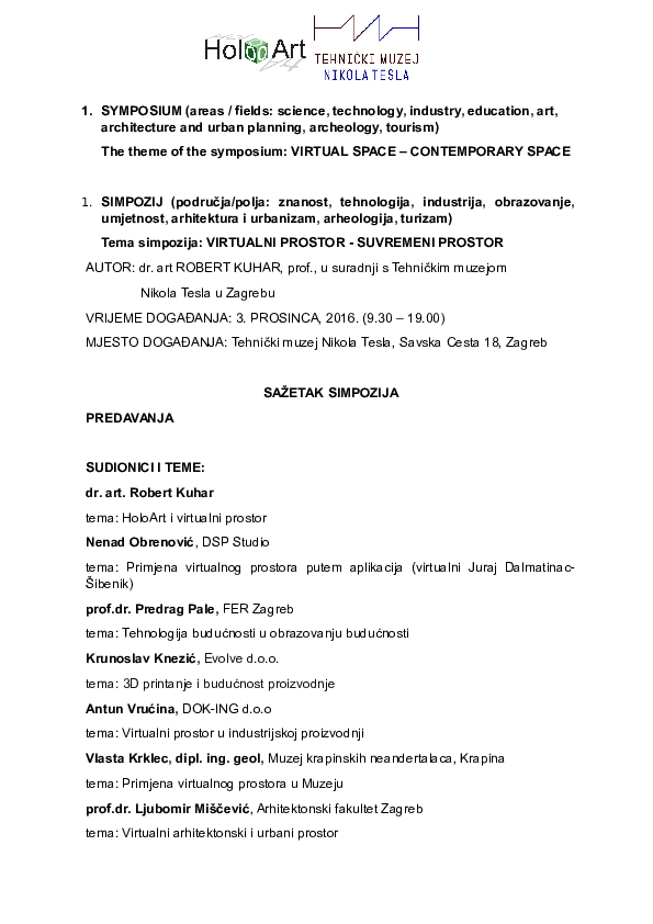 (DOC) The theme of the symposium: VIRTUAL SPACE – CONTEMPORARY SPACE