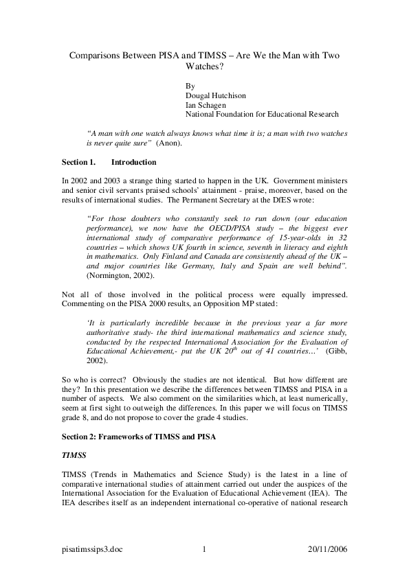 (PDF) Comparisons Between PISA and TIMSS - Are We the Man with Two Watches?