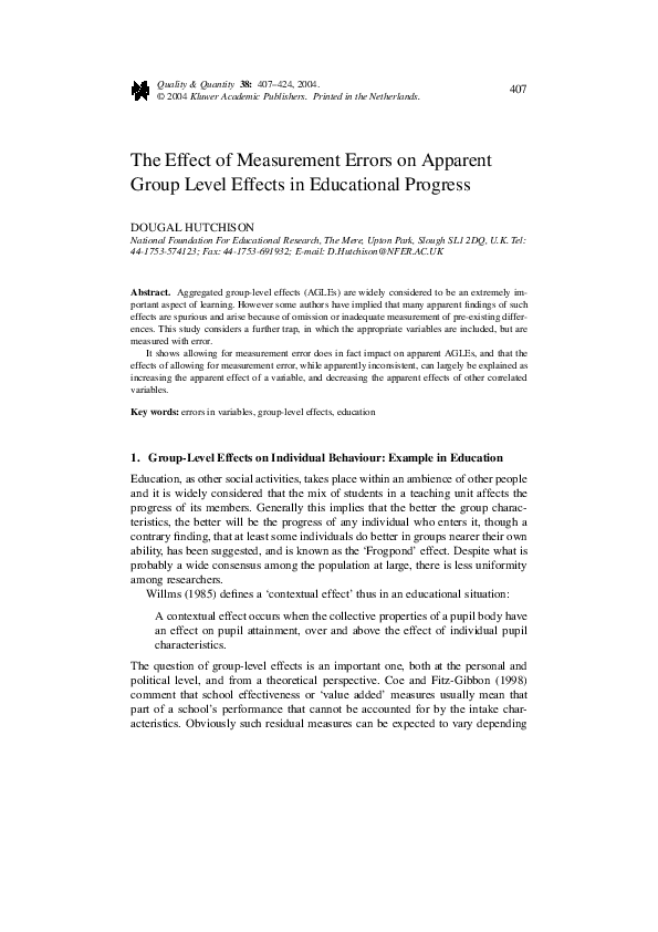 (PDF) The Effect of Measurement Errors on Apparent Group Level Effects in Educational Progress