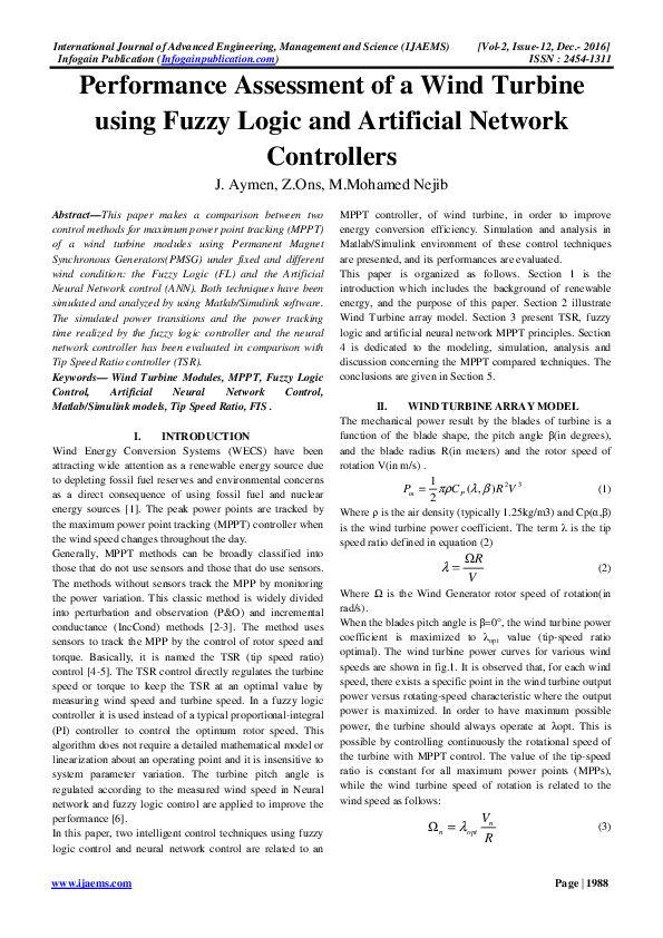 Pdf Performance Assessment Of A Wind Turbine Using Fuzzy Logic And Artificial Network Controllers