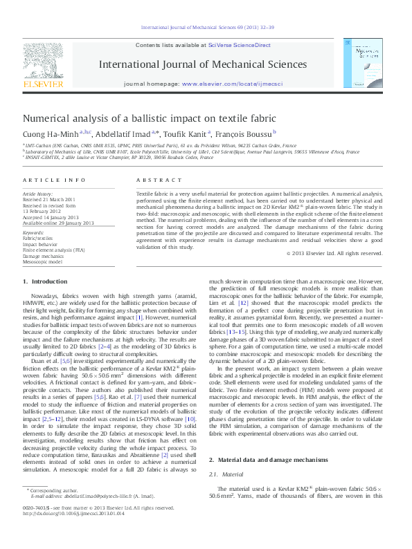 Pdf Numerical Analysis Of A Ballistic Impact On Textile Fabric