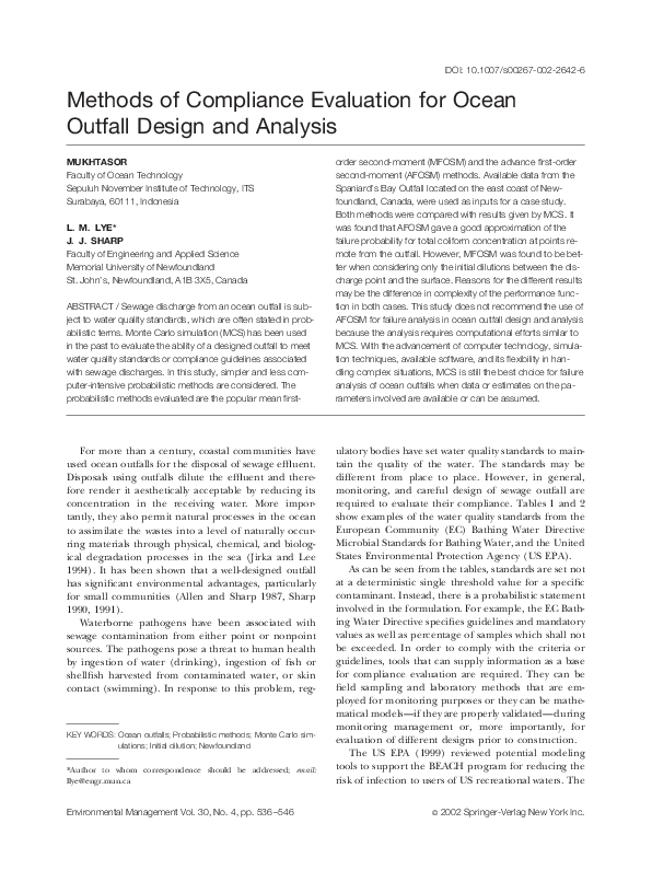 (PDF) Methods of Compliance Evaluation for Ocean Outfall Design and ...