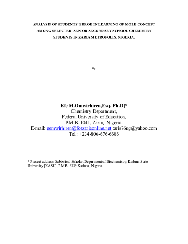 DOC ANALYSIS OF STUDENTS ERROR IN LEARNING OF MOLE CONCEPT AMONG doc-analysis-of-students-error-in-learning-of-mole-concept-among