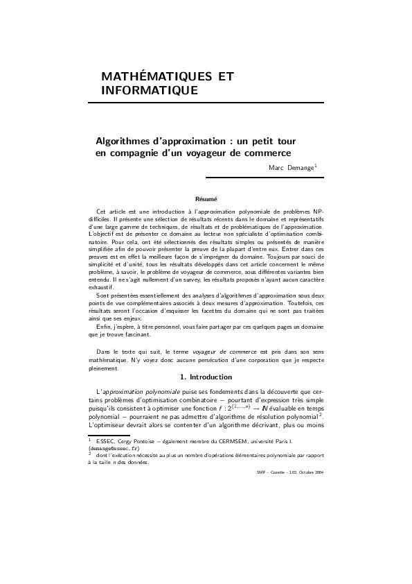 (PDF) Algorithmes d'approximation : un petit tour en compagnie d'un voyageur de commerce