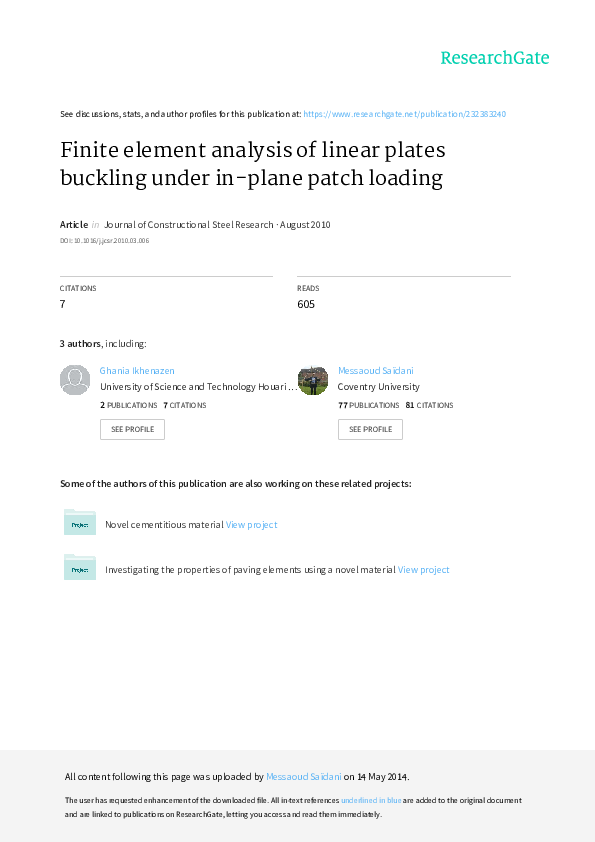 Pdf Finite Element Analysis Of Linear Plates Buckling Under In Plane Patch Loading