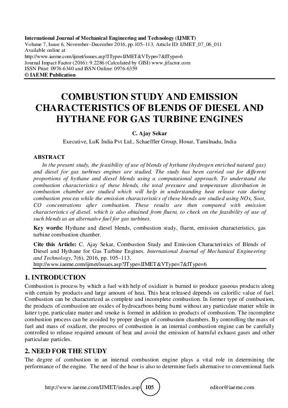 (PDF) COMBUSTION STUDY AND EMISSION CHARACTERISTICS OF BLENDS OF DIESEL ...
