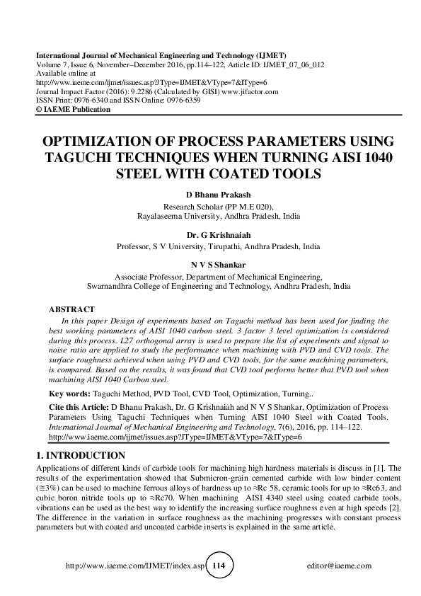 (PDF) OPTIMIZATION OF PROCESS PARAMETERS USING TAGUCHI TECHNIQUES WHEN TURNING AISI 1040 STEEL ...