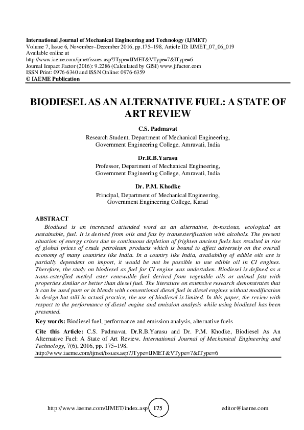 (PDF) BIODIESEL AS AN ALTERNATIVE FUEL: A STATE OF ART REVIEW