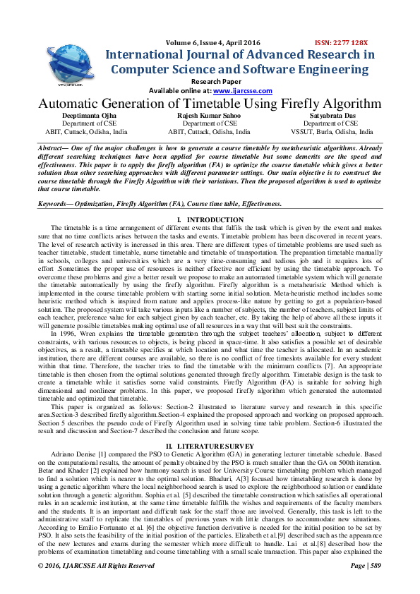 Pdf Automatic Generation Of Timetable Using Firefly Algorithm