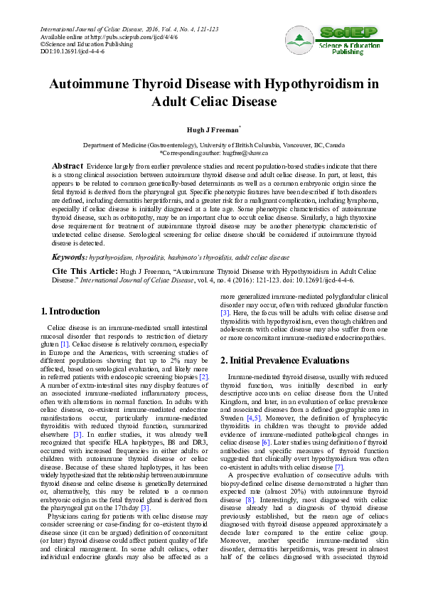 (PDF) Autoimmune Thyroid Disease with Hypothyroidism in Adult Celiac Disease