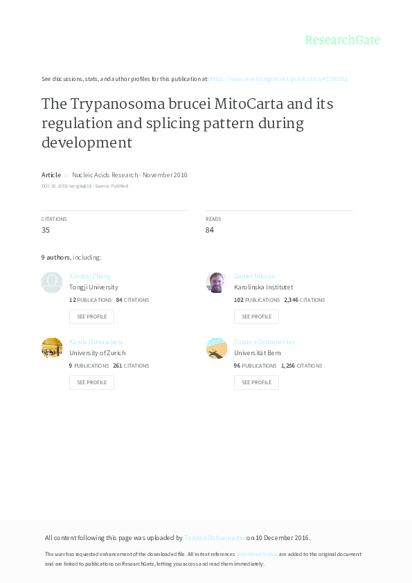 (PDF) The Trypanosoma brucei MitoCarta and its regulation and splicing ...