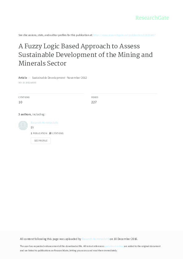 Pdf A Fuzzy Logic Based Approach To Assess Sustainable Development Of The Mining And Minerals