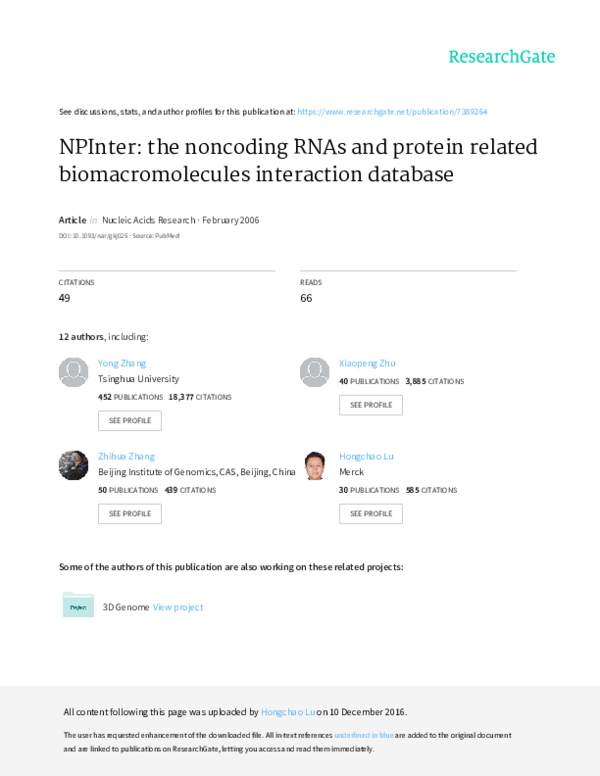 (PDF) NPInter: the noncoding RNAs and protein related biomacromolecules interaction database