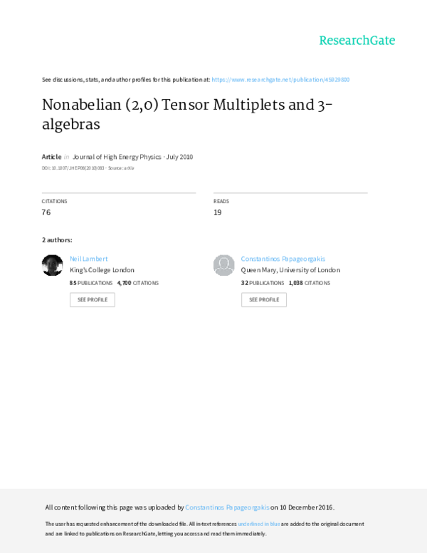 (PDF) Nonabelian (2,0) tensor multiplets and 3-algebras