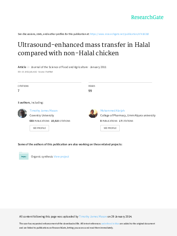 (PDF) Ultrasound‐enhanced mass transfer in Halal compared with non ...
