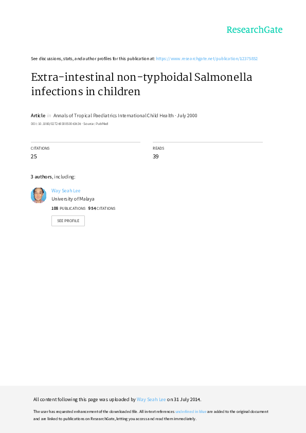 (PDF) Extra-intestinal non-typhoidal Salmonella infections in children