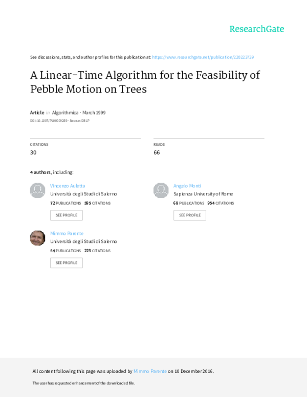 (PDF) A Linear-Time Algorithm for the Feasibility of Pebble Motion on Trees | A. Monti and G ...