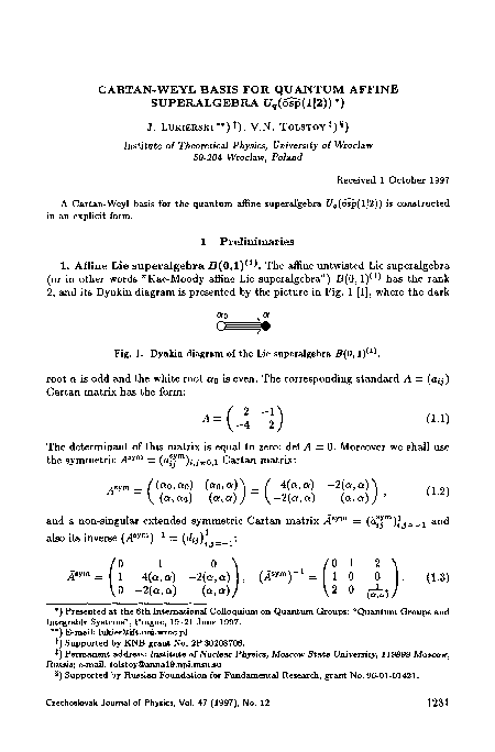 (PDF) Cartan-Weyl Basis For Quantum Affine Superalgebra U q ((1| 2))(1| 2))