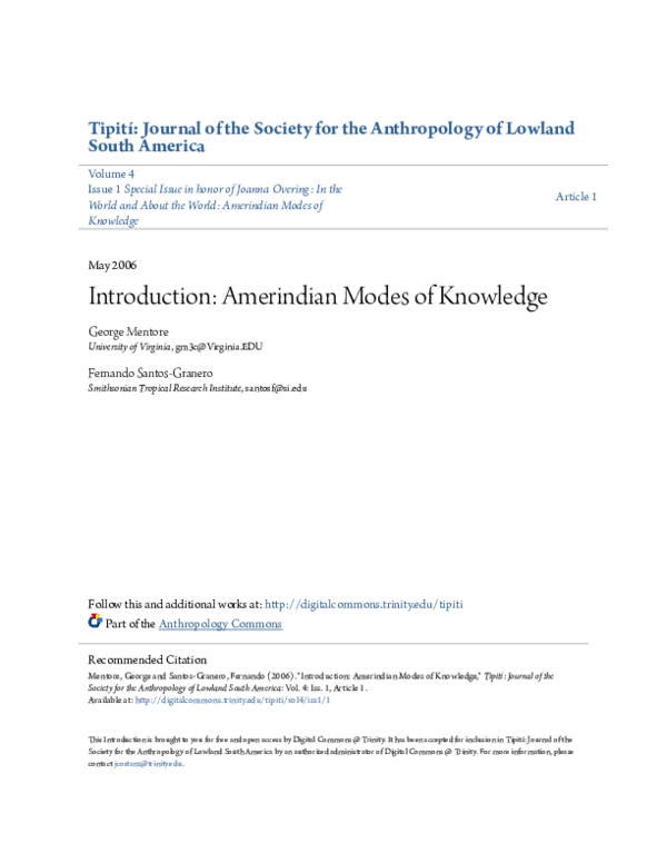 (PDF) Introduction: Amerindian Modes of Knowledge | George Mentore ...